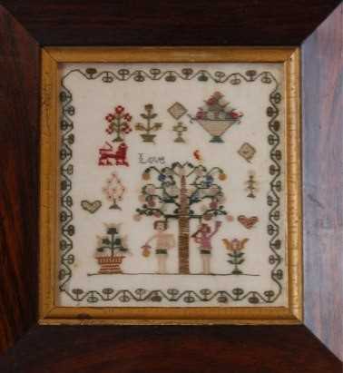Lot 550 - 'Love', a miniature sampler, circa 1824, the
