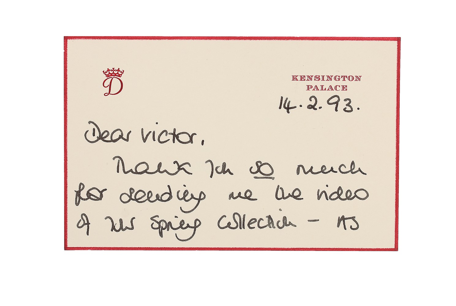 Lot 187 - Princess Diana handwritten note to Victor
