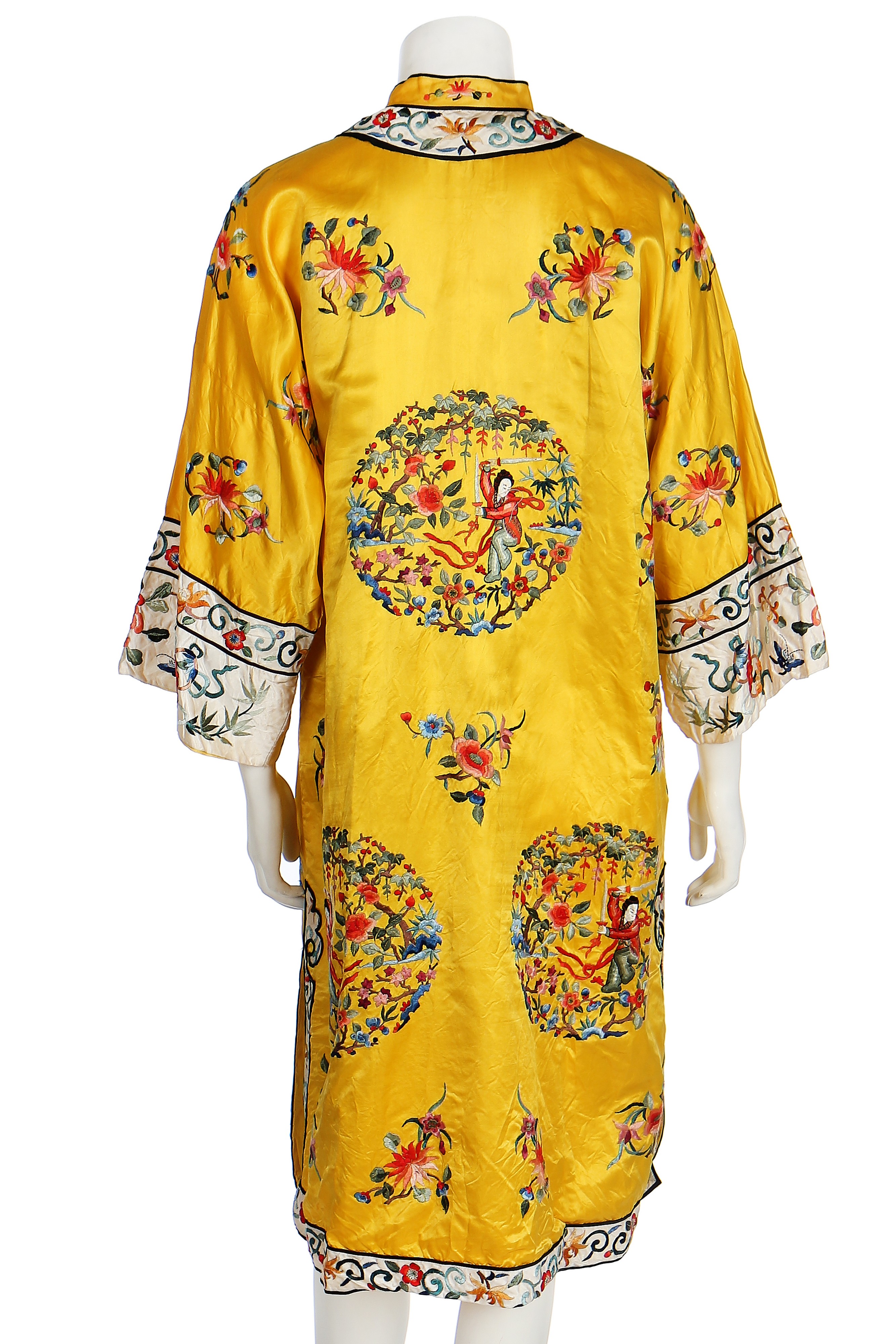 Lot 311 - An embroidered yellow satin robe, Chinese,