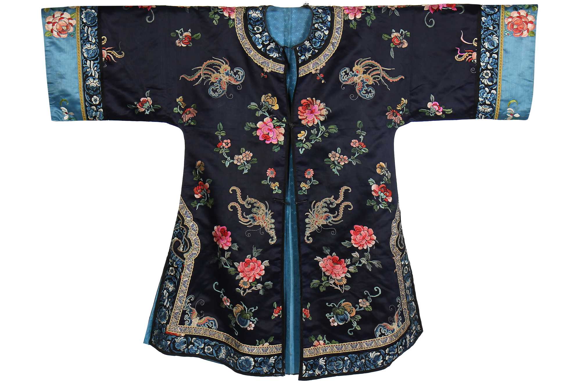 Lot 306 - An embroidered dark blue satin informal robe,