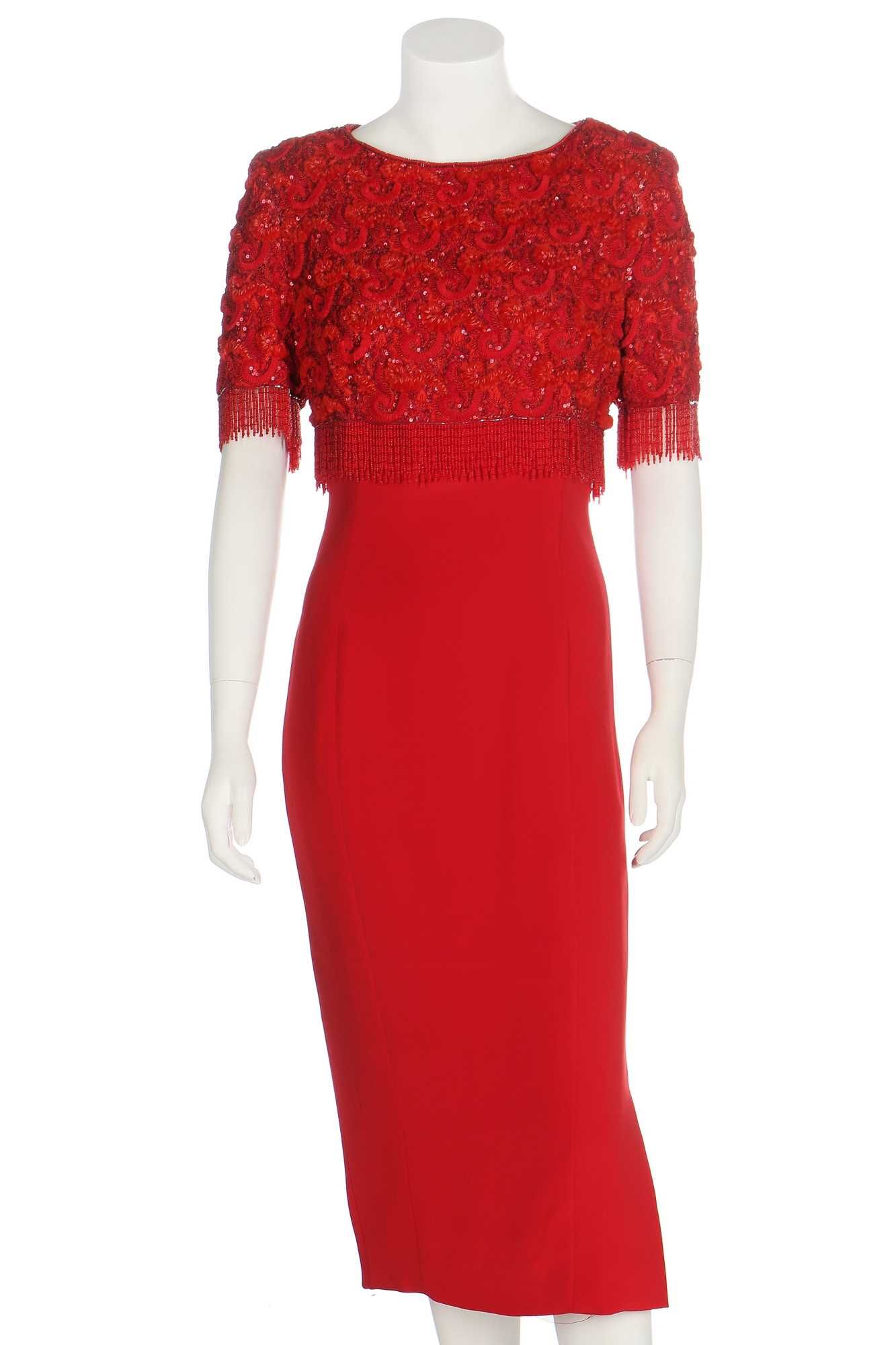 Lot 203 - An embroidered scarlet silk couture evening