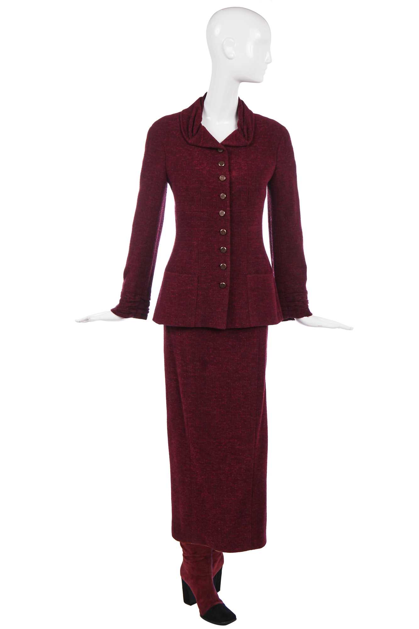 Lot 176 - A Chanel wine-red chenille-tweed ensemble,