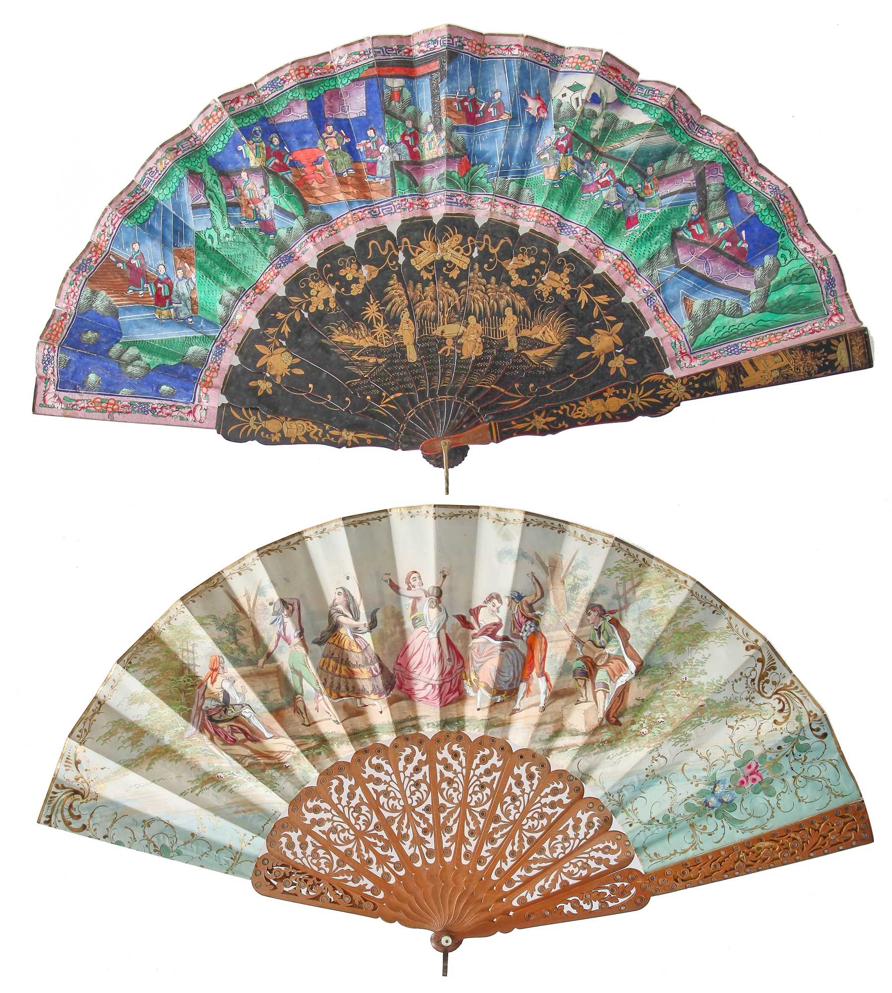 Lot 450 - A painted 'thousand faces' fan, Chinese, mid-