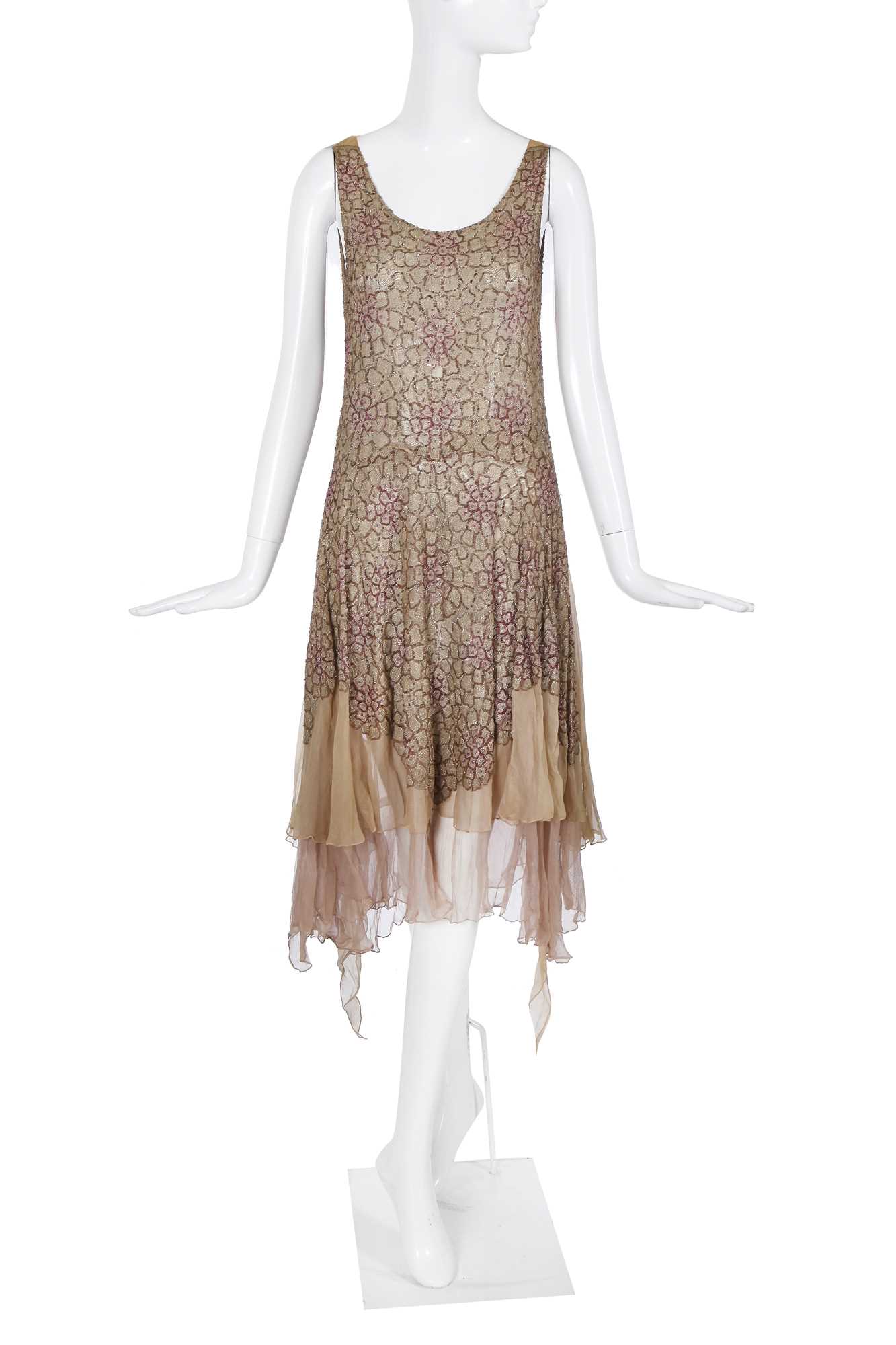 Lot 485 - A pink and beige embroidered flapper dress,