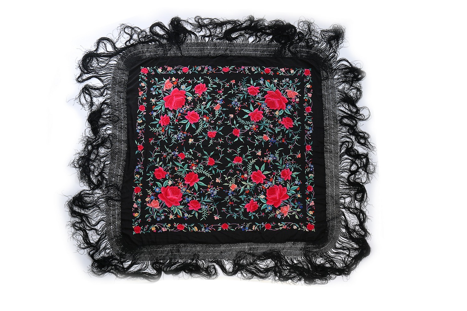 Lot 58 - An embroidered black silk shawl, Cantonese,