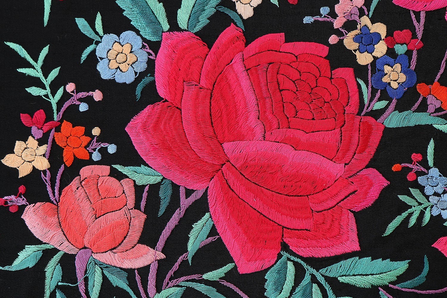 Lot 58 - An embroidered black silk shawl, Cantonese,