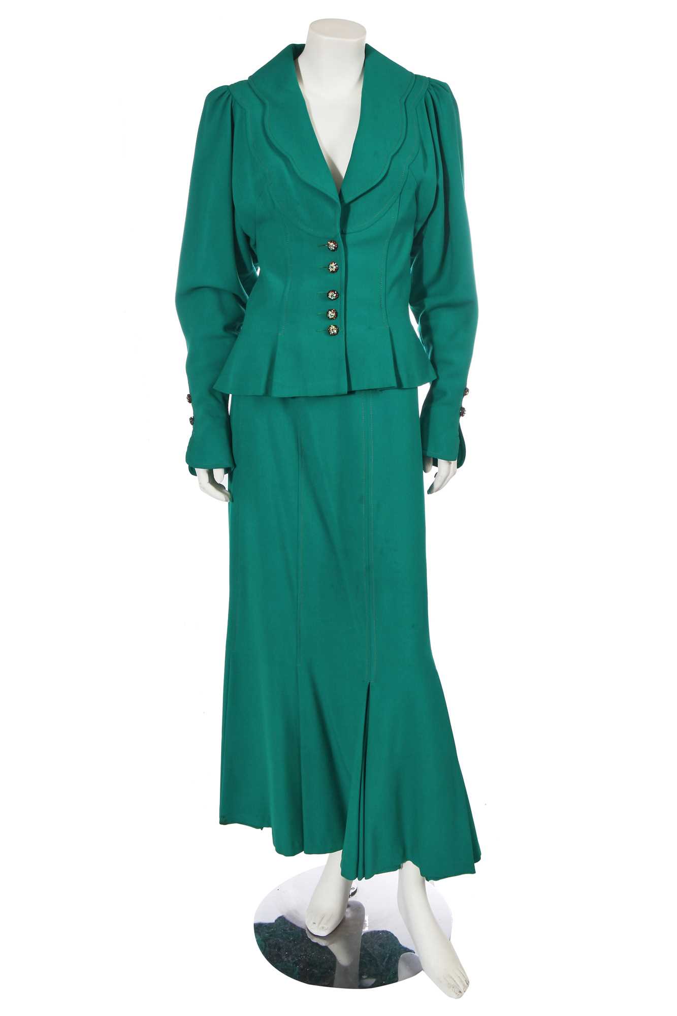 Lot 505 - A Bill Gibb turquoise moss crêpe suit, circa