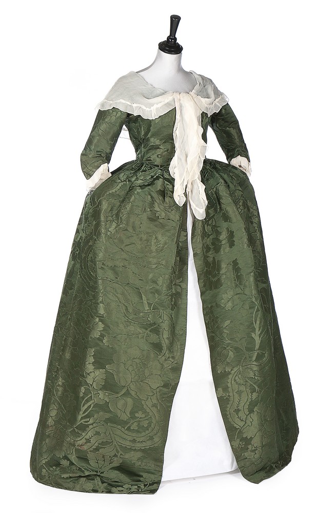 Lot 397 - A green damask satin robe a l'Anglaise, the