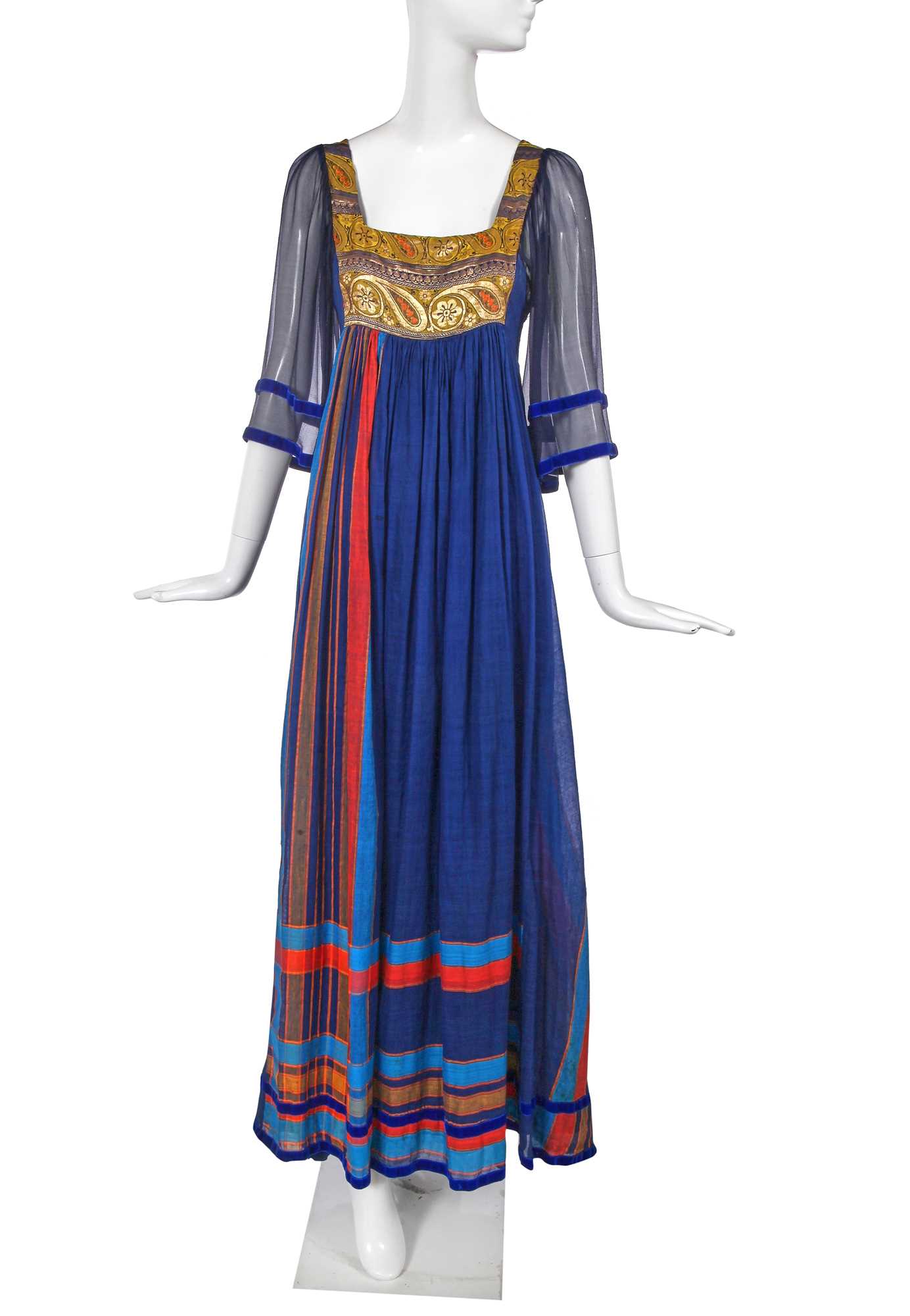Lot 379 - A Thea Porter blue and gold cotton dress,