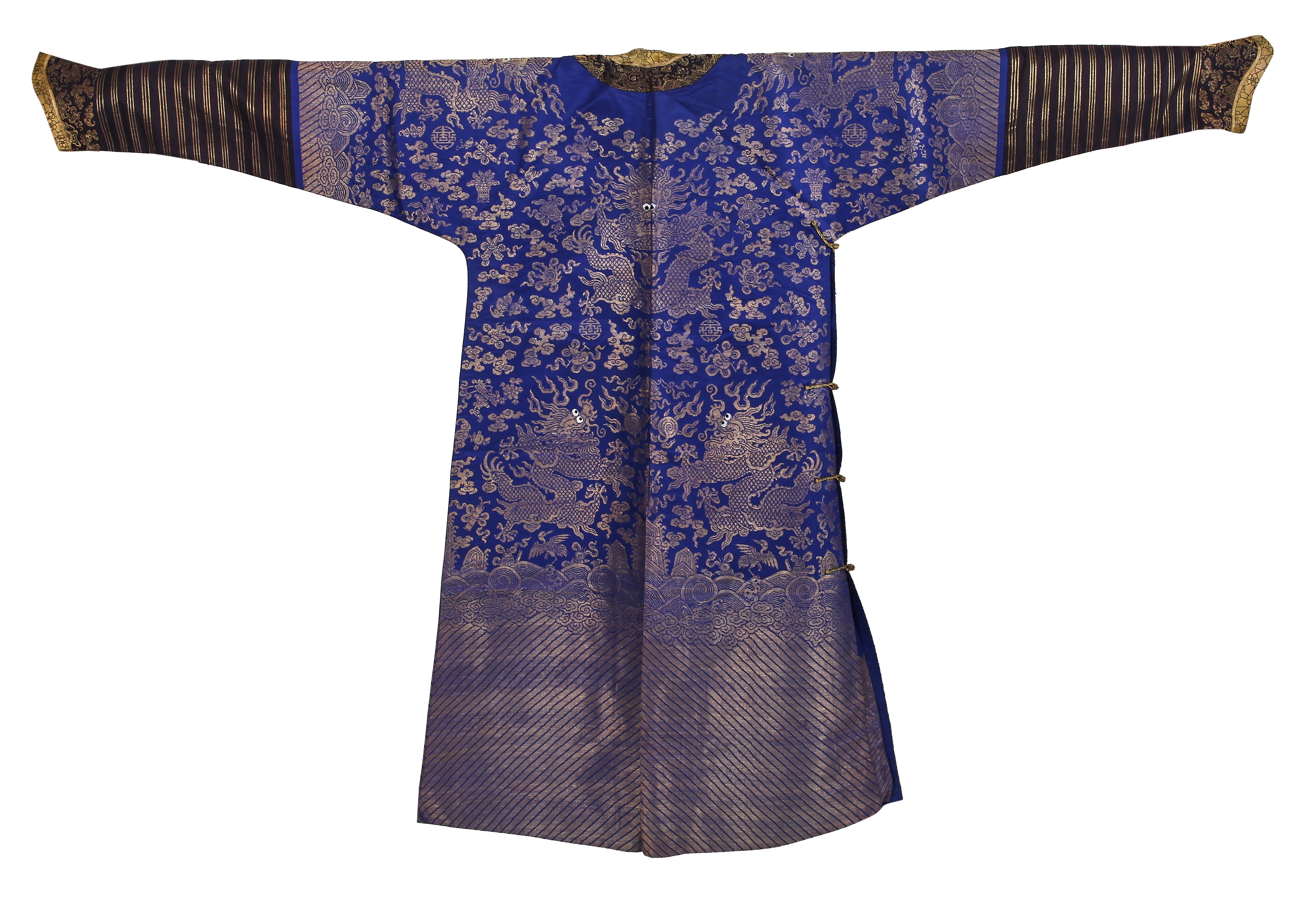 Lot 907 - A brocaded blue silk dragon robe, jifu,
