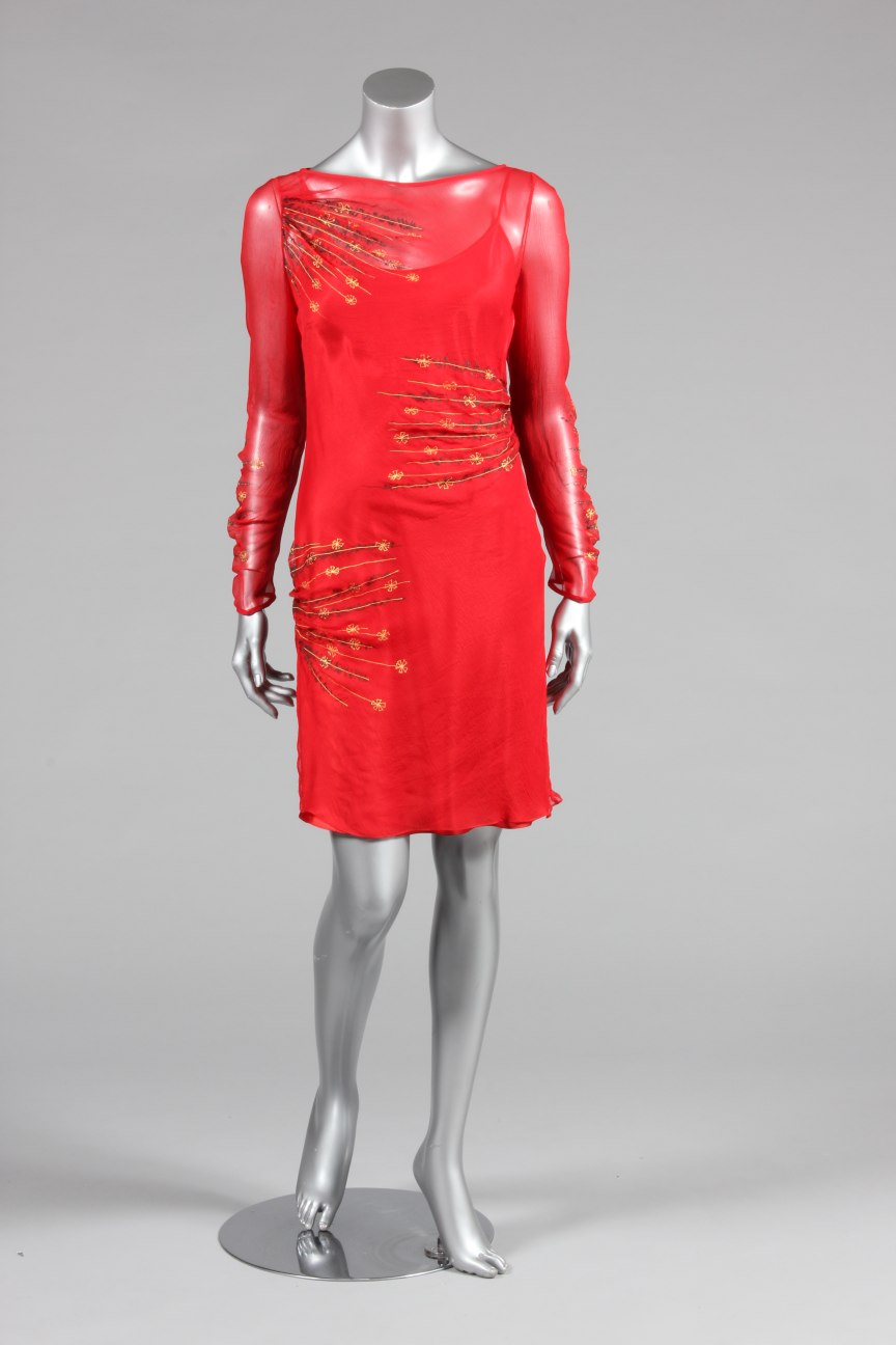 Lot 64 - A Zandra Rhodes printed red chiffon cocktail