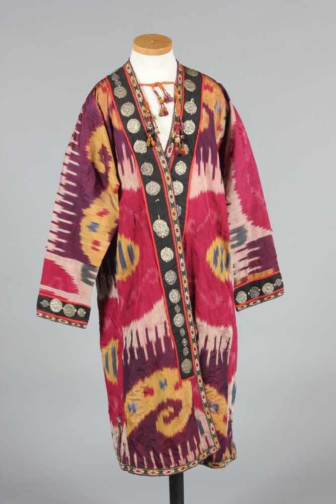 Lot 350 - Two striped ikat silk khalats/coats, Uzbek,